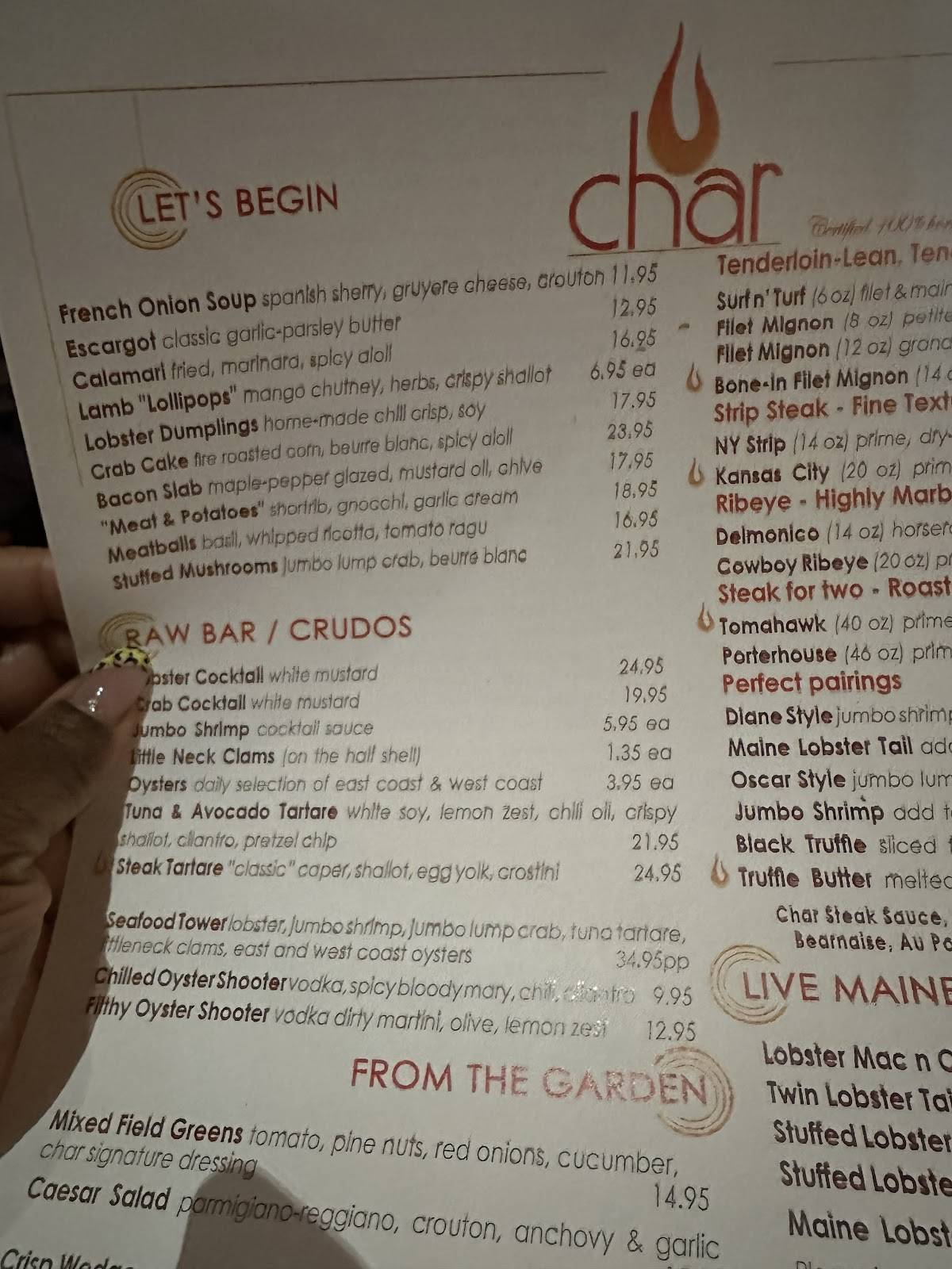 Menu at Char Steakhouse, Raritan