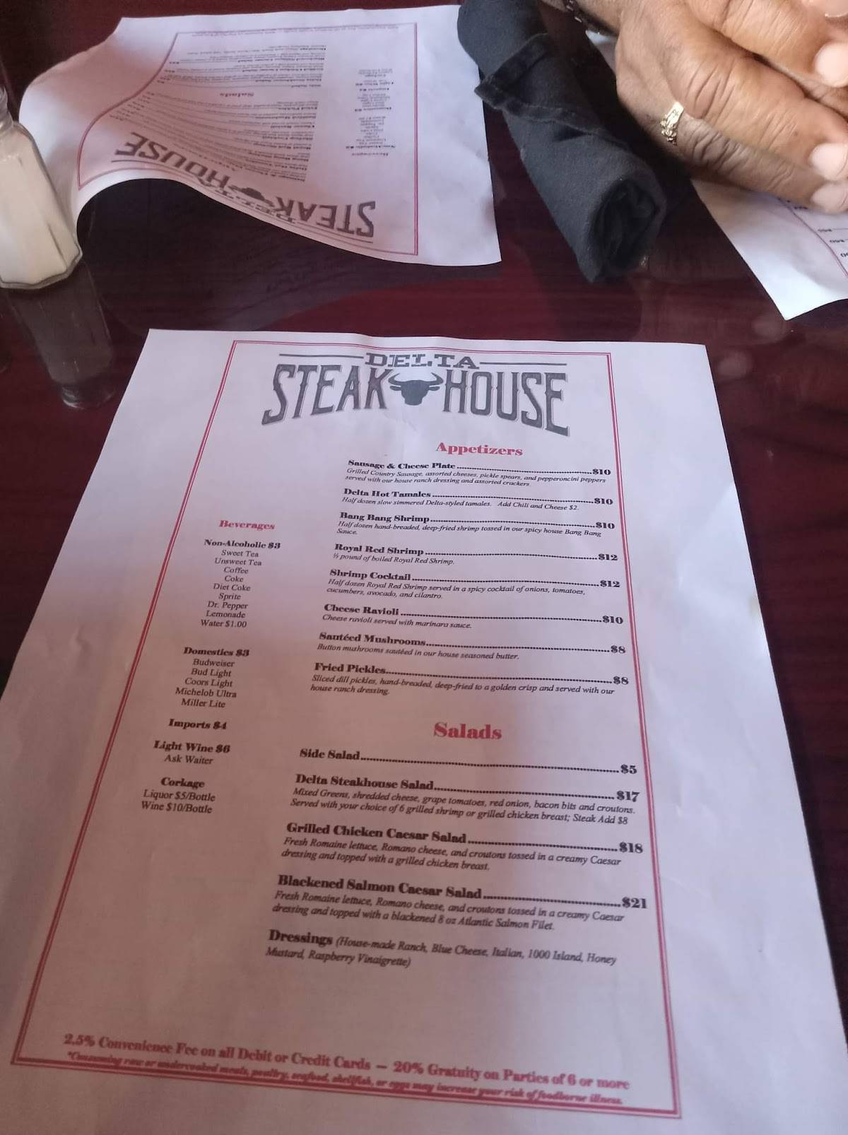 Menu at Delta Steakhouse, Senatobia