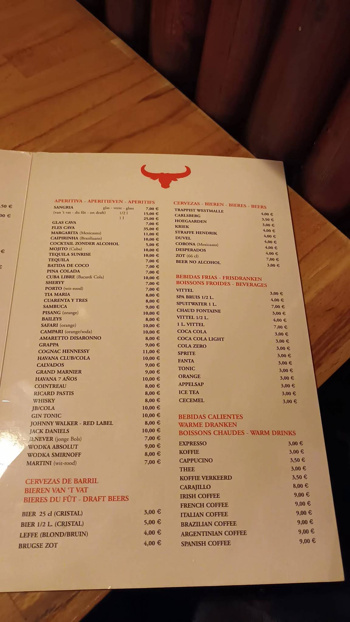 Menu at El Churrasco Argentino, Bruges