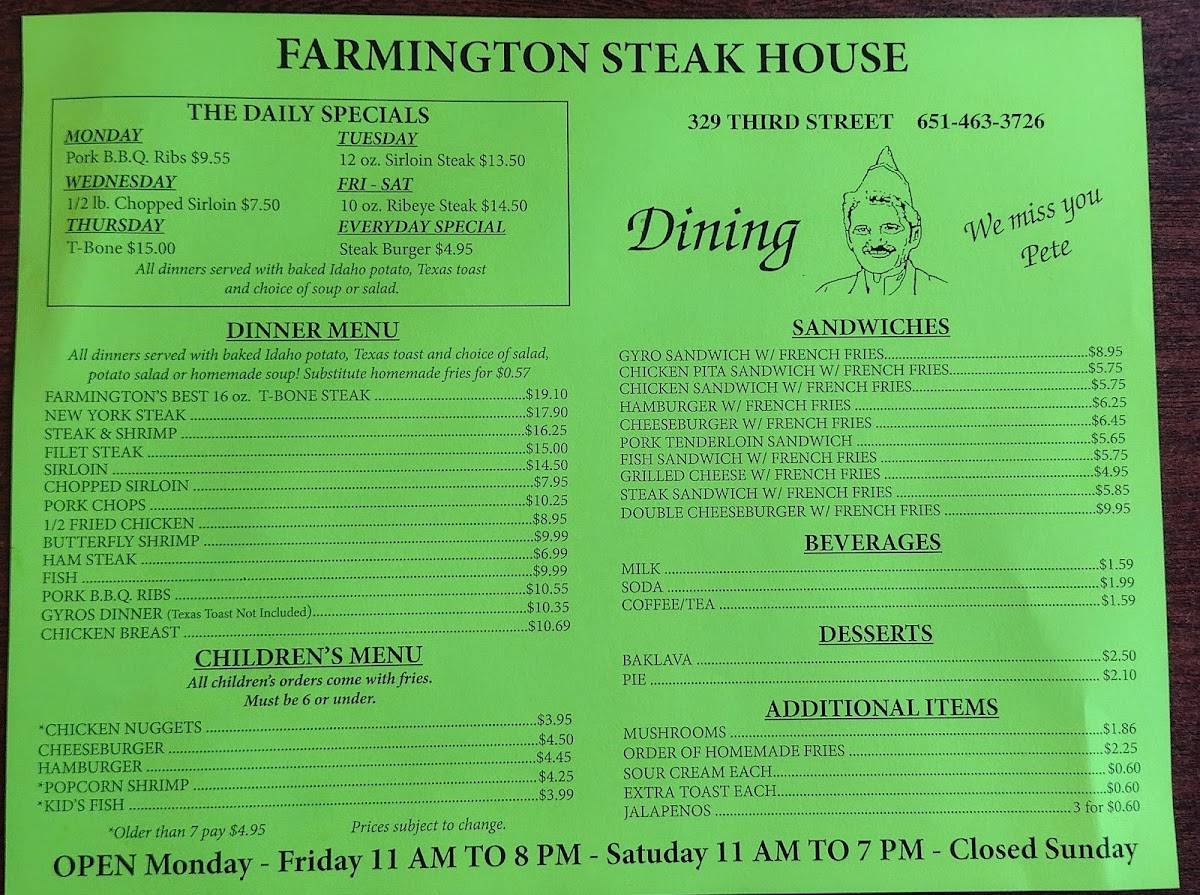 Menu at Farmington Steak House steakhouse, Farmington