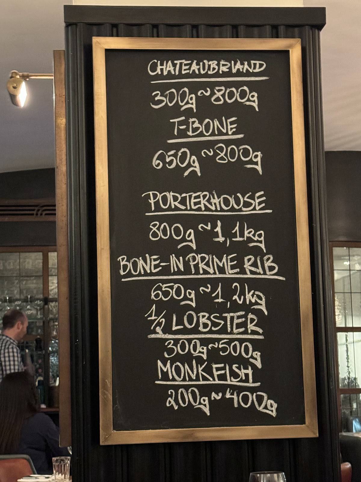 Menu at Hawksmoor Knightsbridge steakhouse, London
