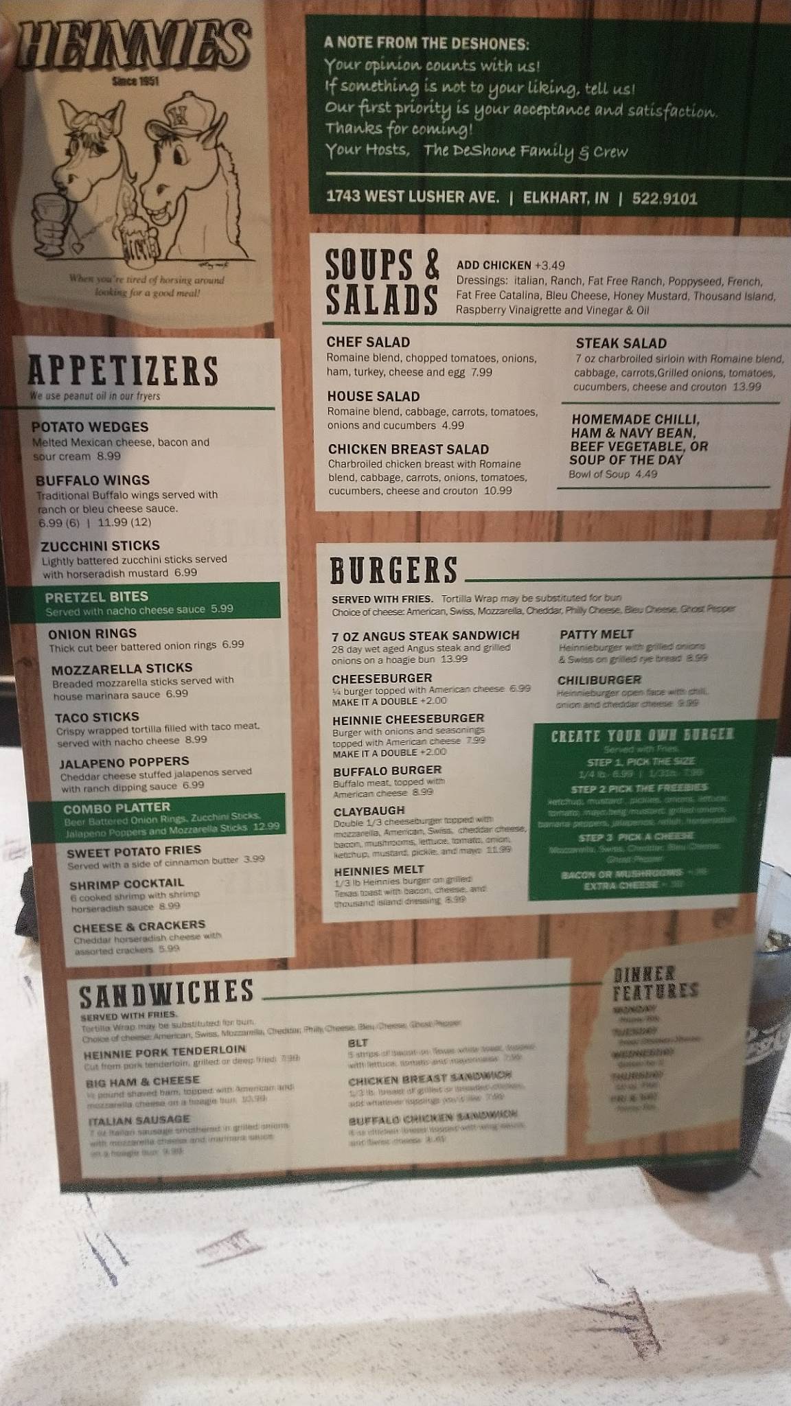 Menu at Heinnies steakhouse, Elkhart