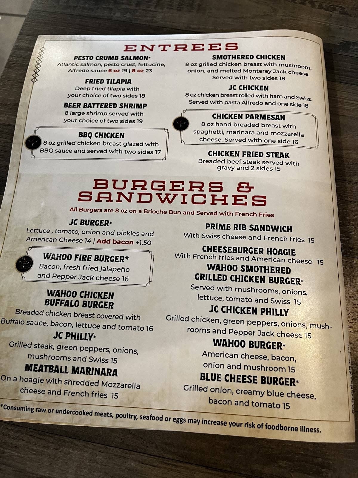 Menu at Jc’s Steakhouse, Wahoo