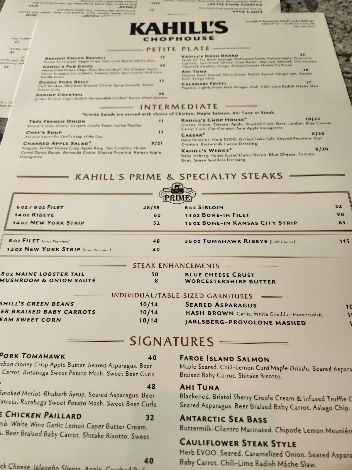 Menu at Kahill's Chophouse steakhouse, South Sioux City