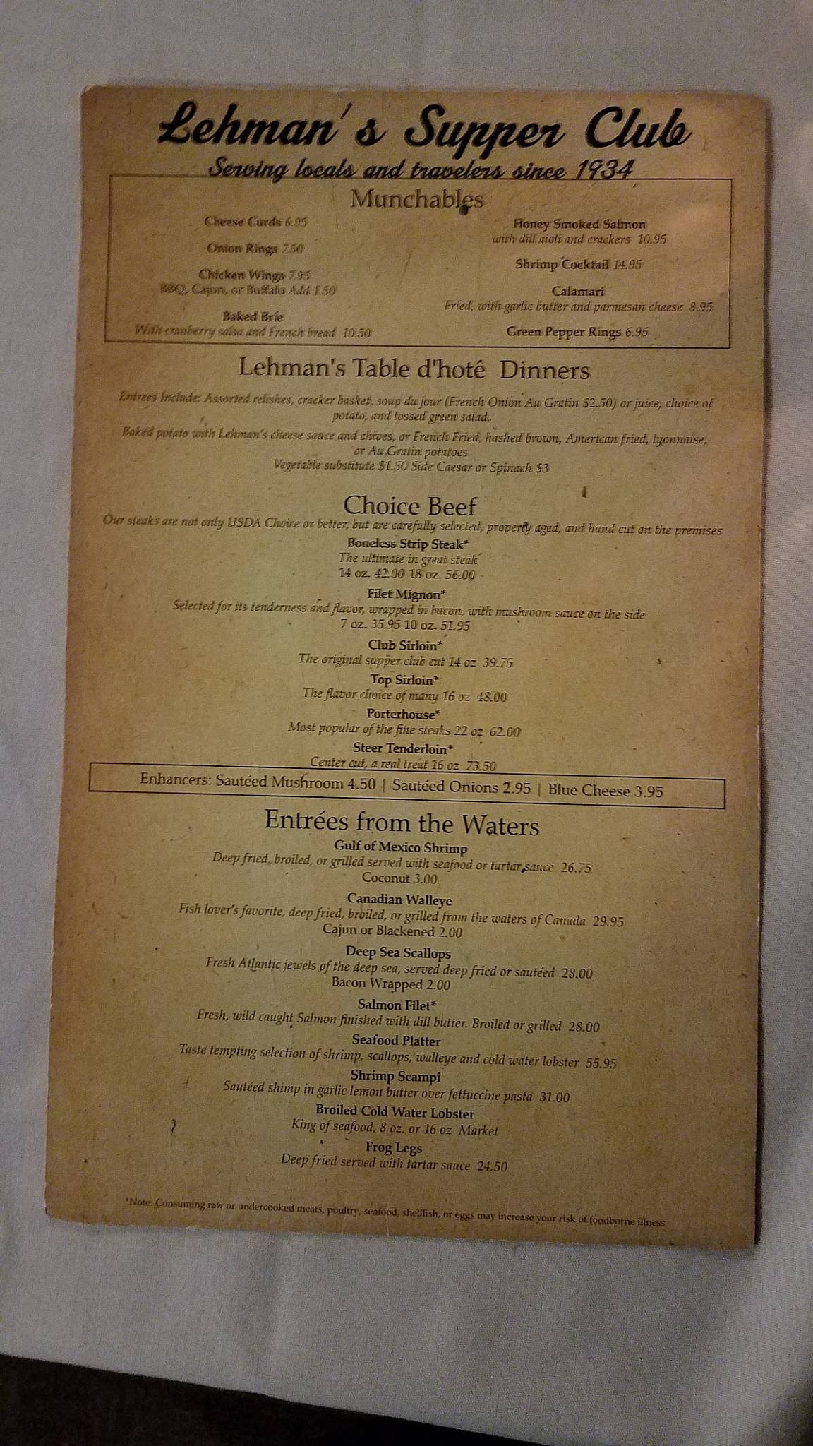 Menu at Lehman's Supper Club, Rice Lake