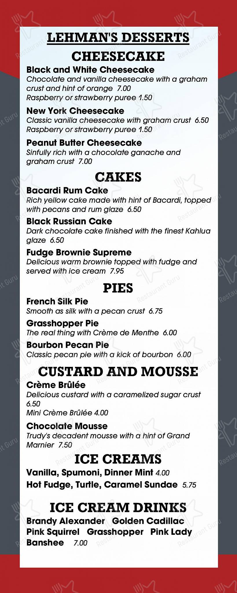 Menu at Lehman's Supper Club, Rice Lake