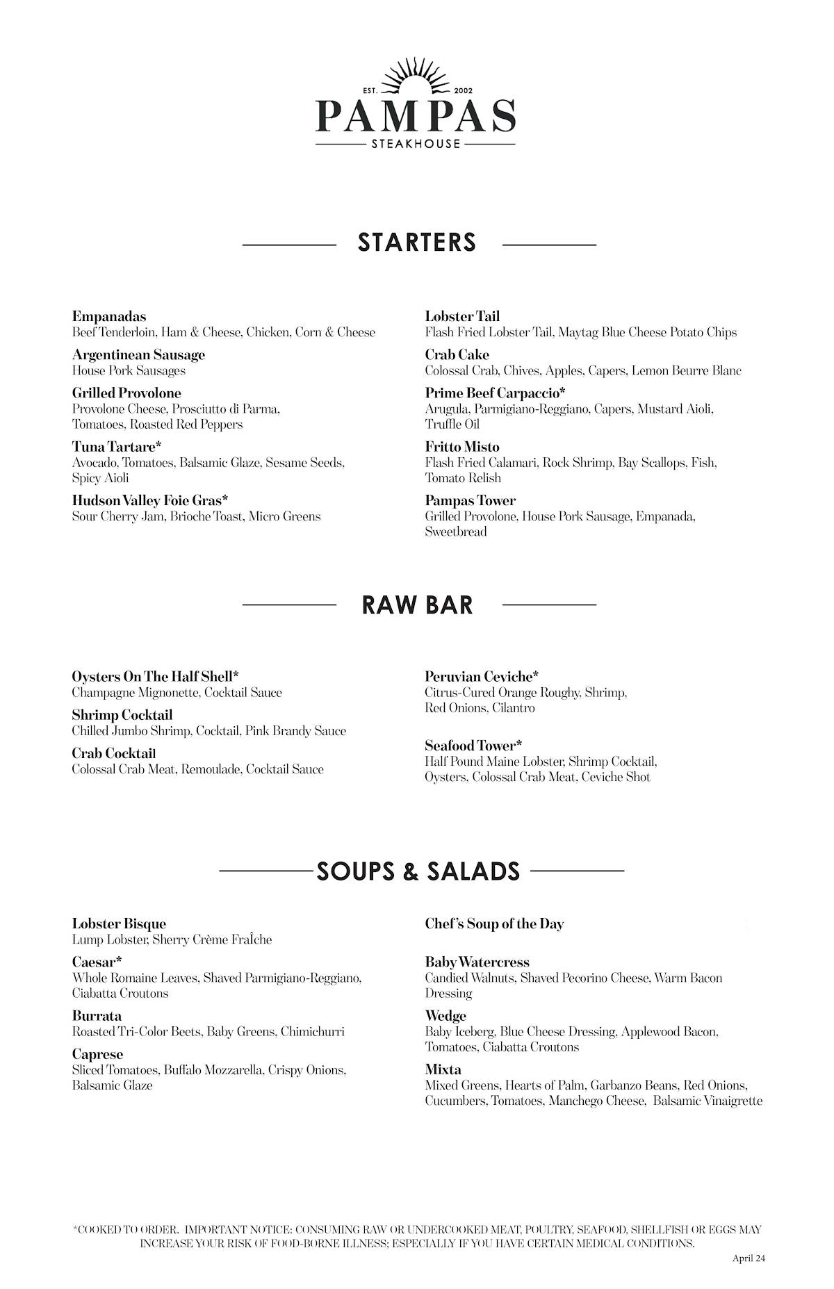 Menu at Pampas Steakhouse, Johns Creek