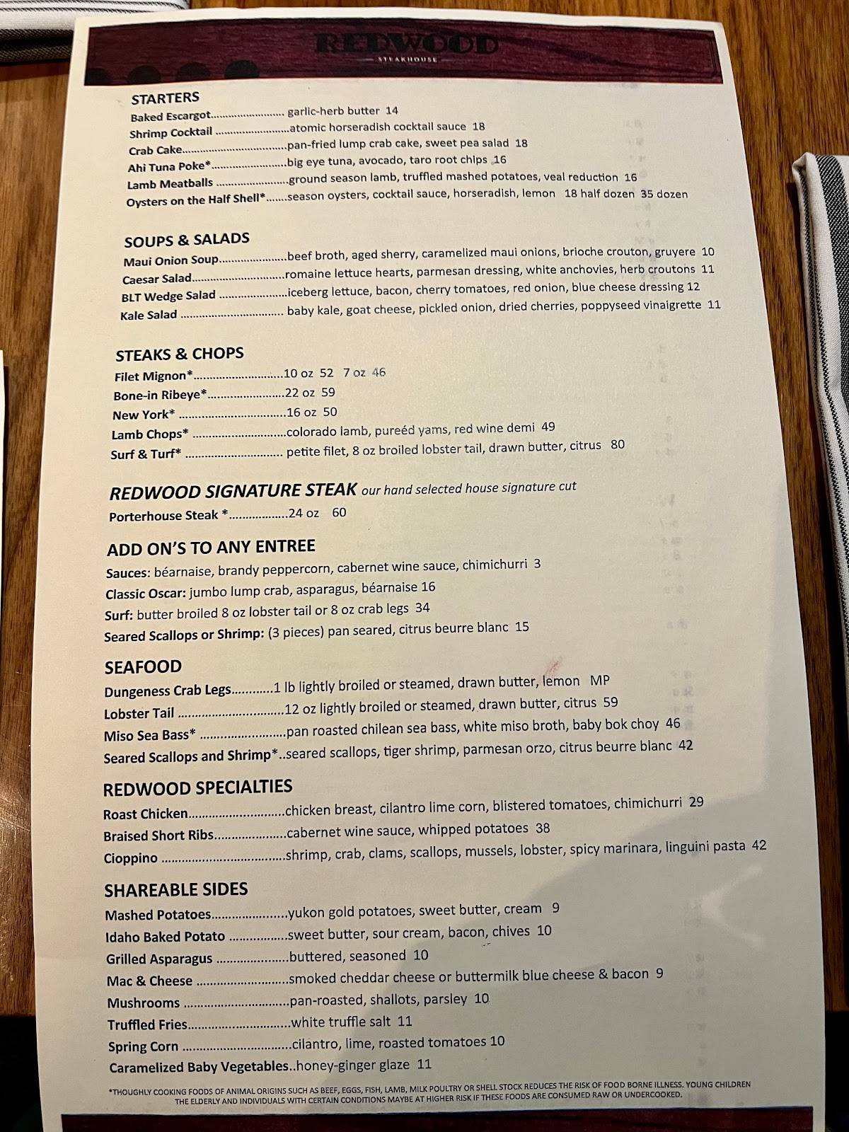 Menu at Redwood Steakhouse, Las Vegas