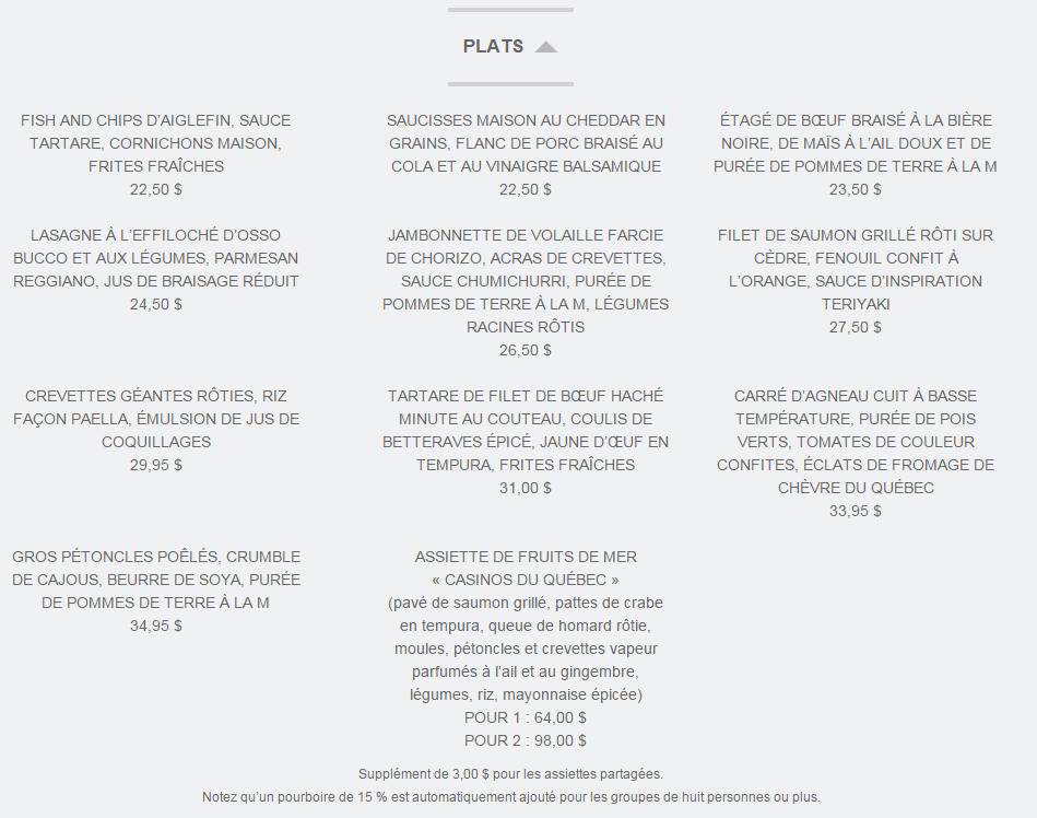 Menu au Le Montréal - Casino de Montréal restaurant à viande, Montréal