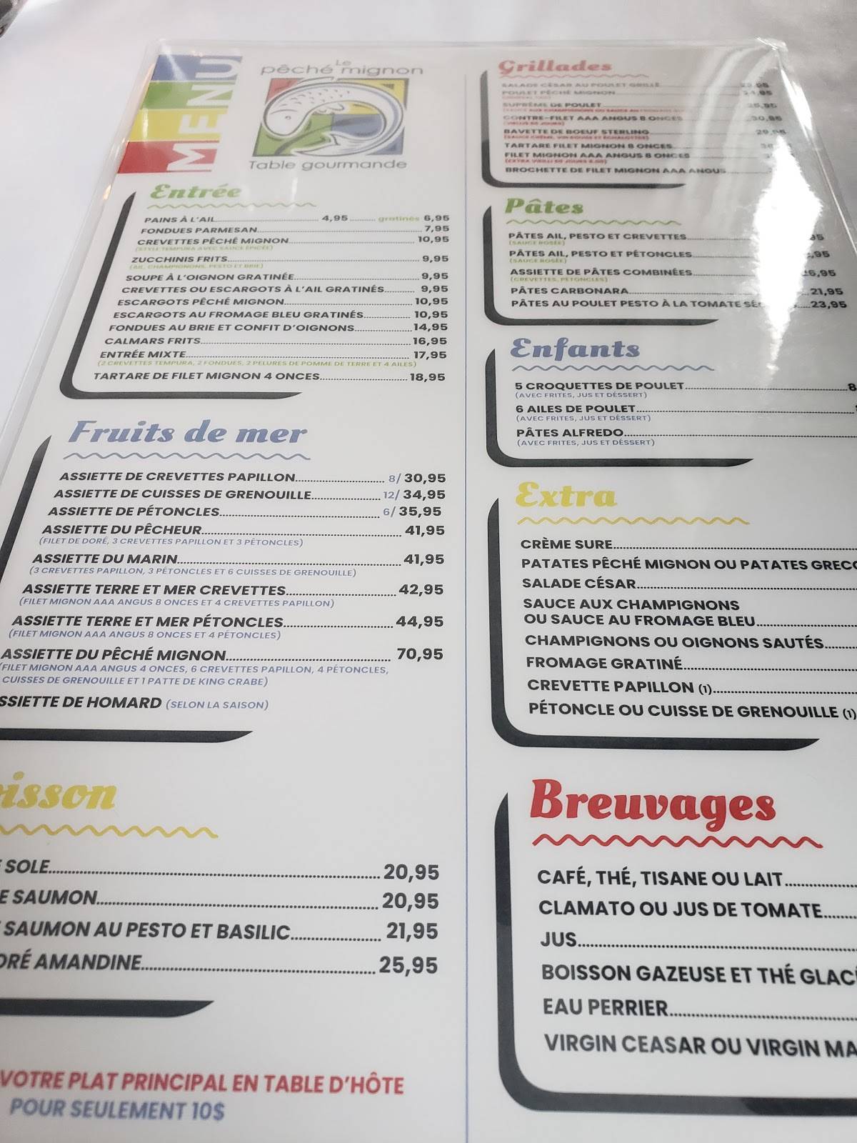 Menu au Restaurant Le Pêché, Trois-Rivières