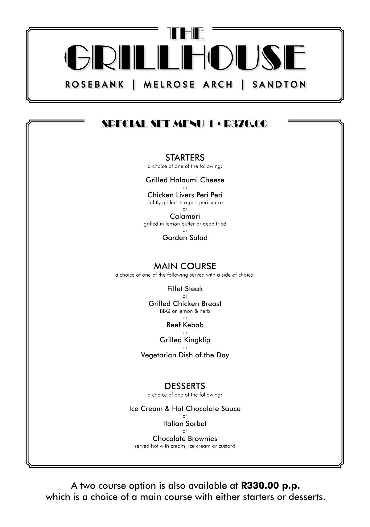 Menu at The Grillhouse Melrose Arch steakhouse, Johannesburg, Melrose Arch
