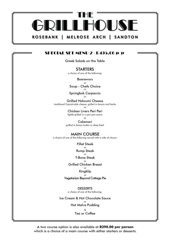 Menu at The Grillhouse Melrose Arch steakhouse, Johannesburg, Melrose Arch