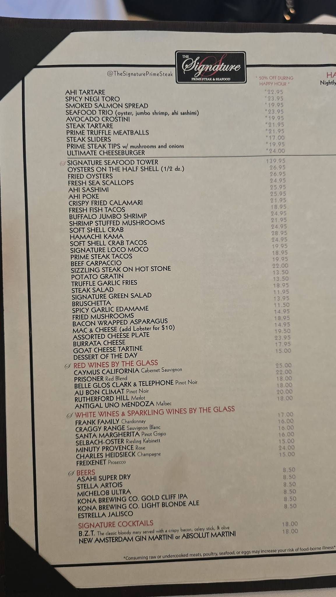 Menu at The Signature Prime Steak & Seafood steakhouse, Honolulu