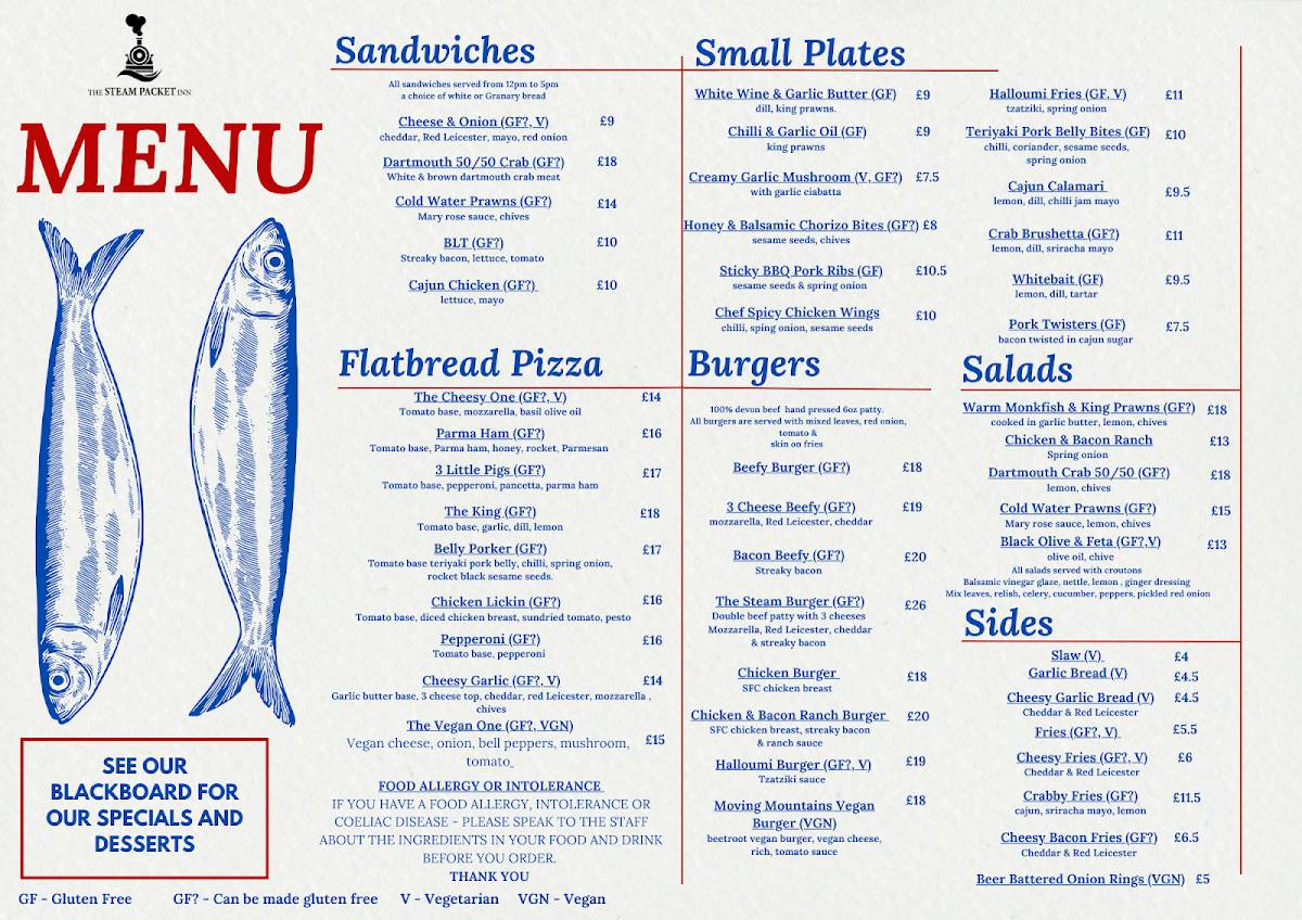 Menu at Steam Packet Inn pub & bar, Dartmouth