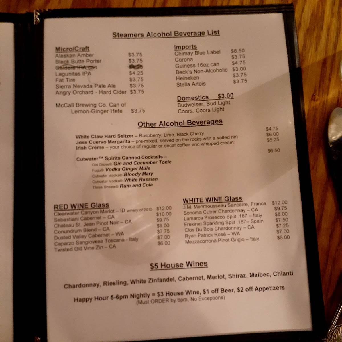 Menu at Steamers Steak & Seafood pub & bar, McCall