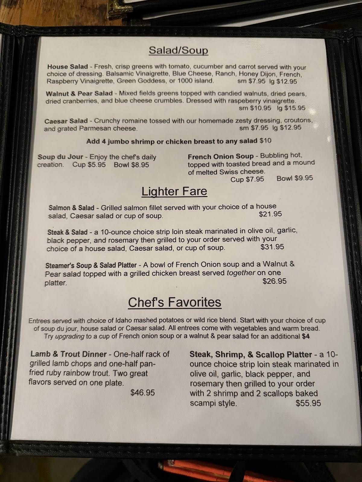 Menu at Steamers Steak & Seafood pub & bar, McCall
