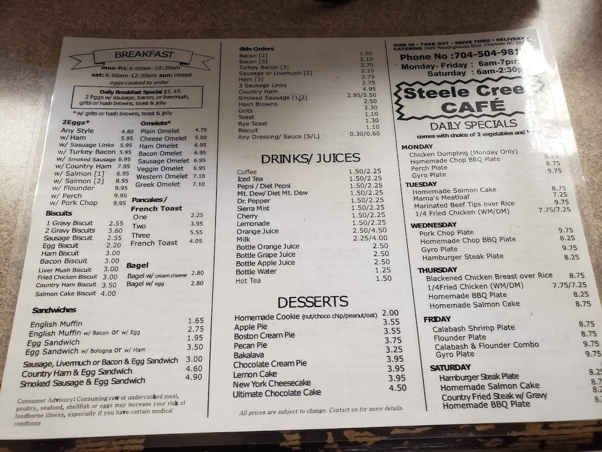 Menu at Steele Creek Cafe, Charlotte