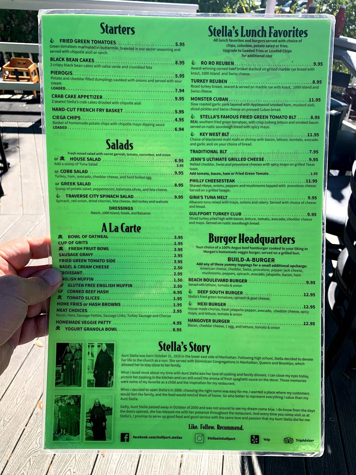 Menu at Stella's restaurant, Gulfport