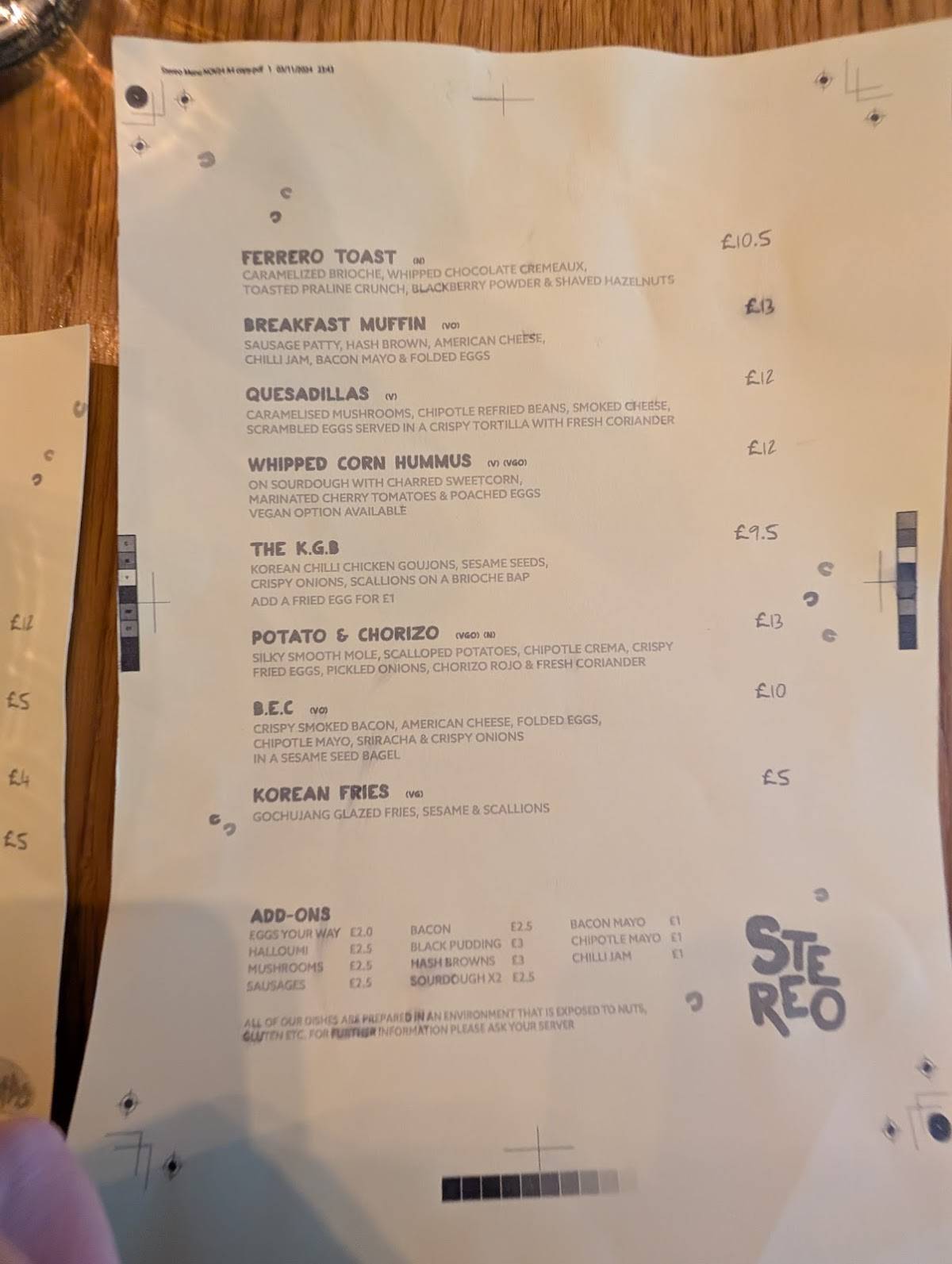 Menu at Stereo restaurant, Belfast