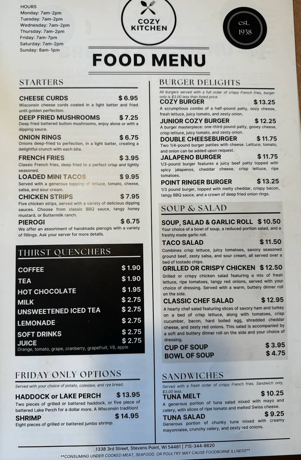 Menu at Cozy Kitchen restaurant, Stevens Point