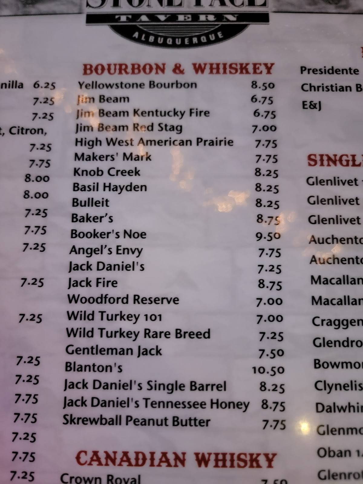Menu at Stone Face Tavern pub & bar, Albuquerque