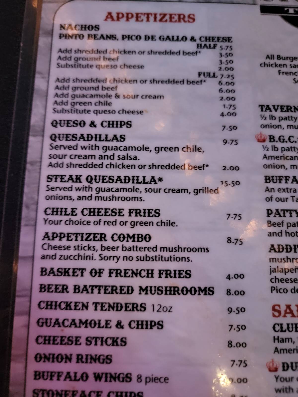 Menu at Stone Face Tavern pub & bar, Albuquerque