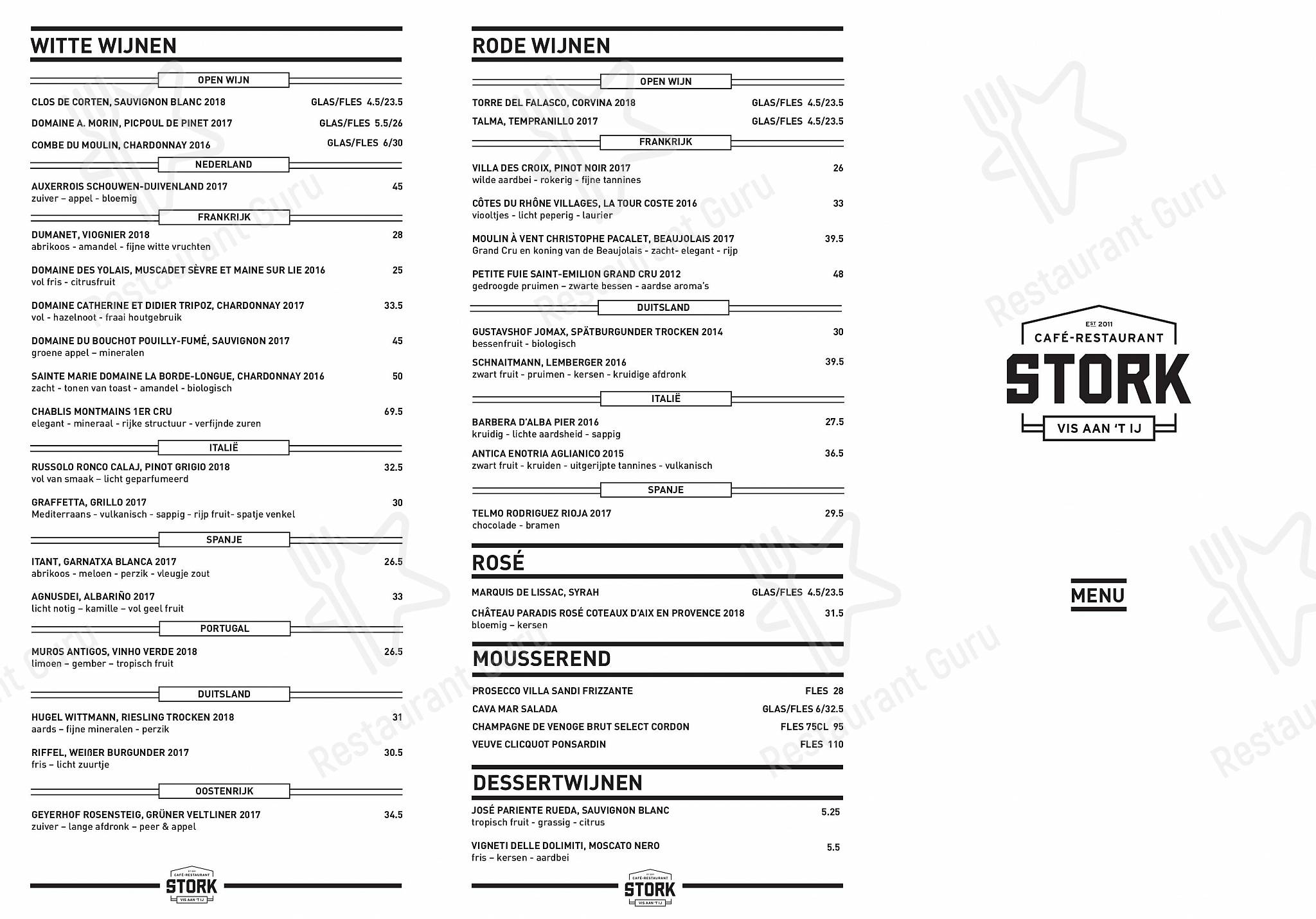 Menu at Café-Restaurant Stork, Amsterdam
