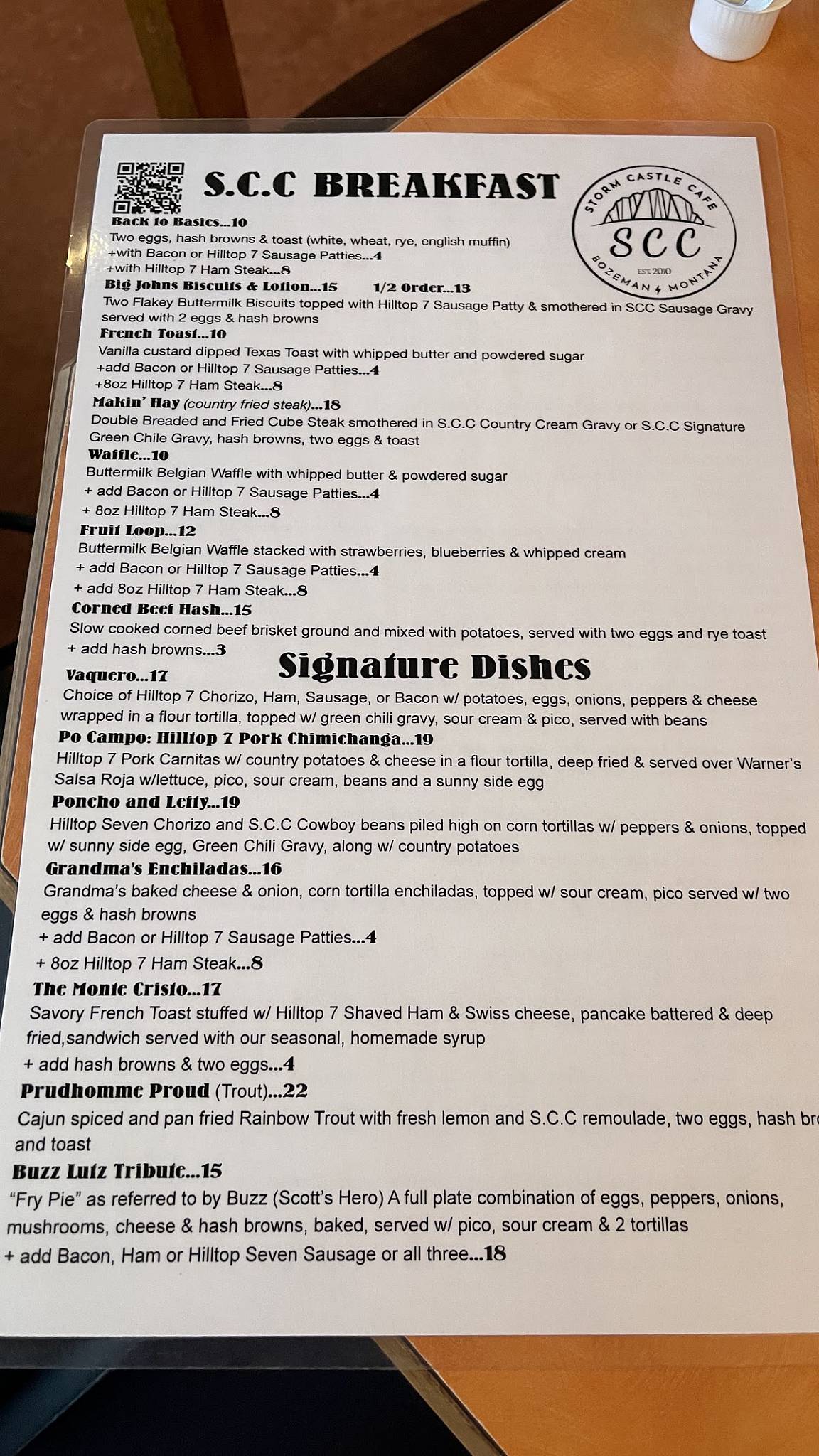 Menu at Storm Castle Café restaurant, Bozeman