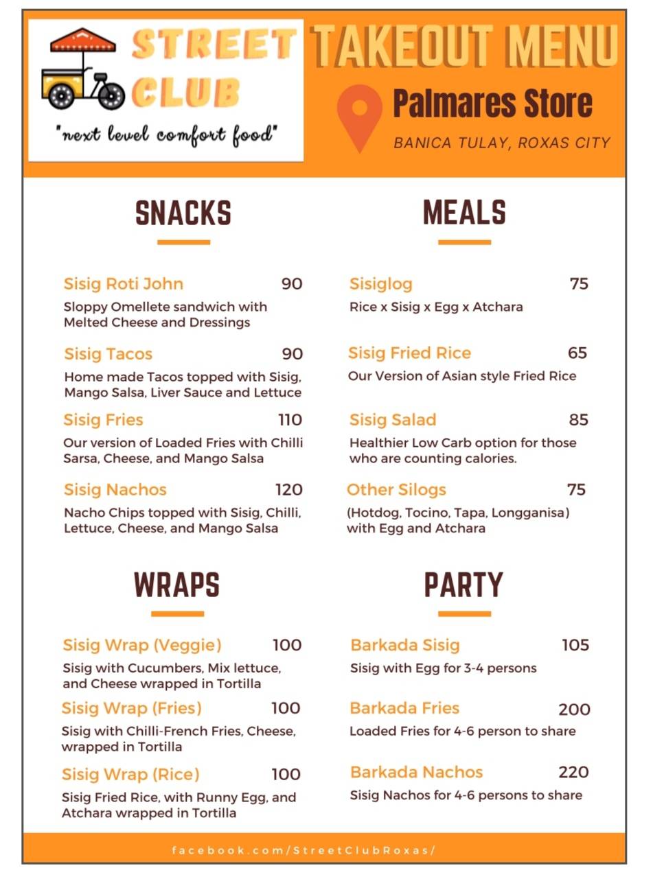 Menu at Street Club Food Stall, Roxas City