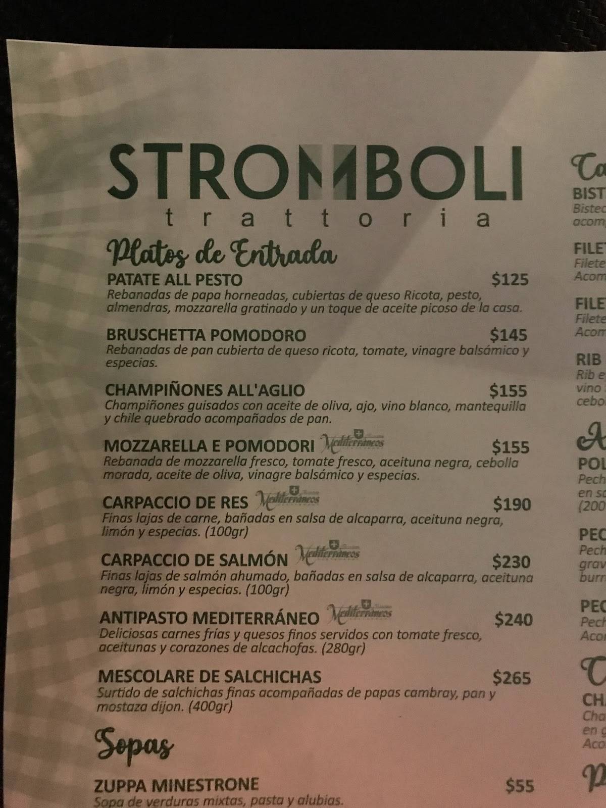 Carta de Restaurante Stromboli Trattoria Gomez Farias, Hermosillo