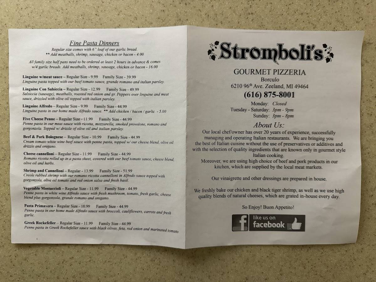 Menu at Stromboli's Express pizzeria, Zeeland charter Township