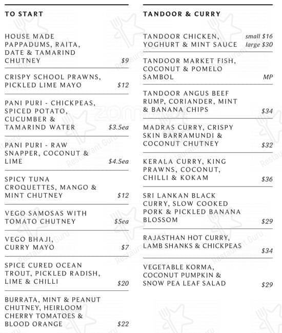 Menu at Subcontinental restaurant, Surry Hills