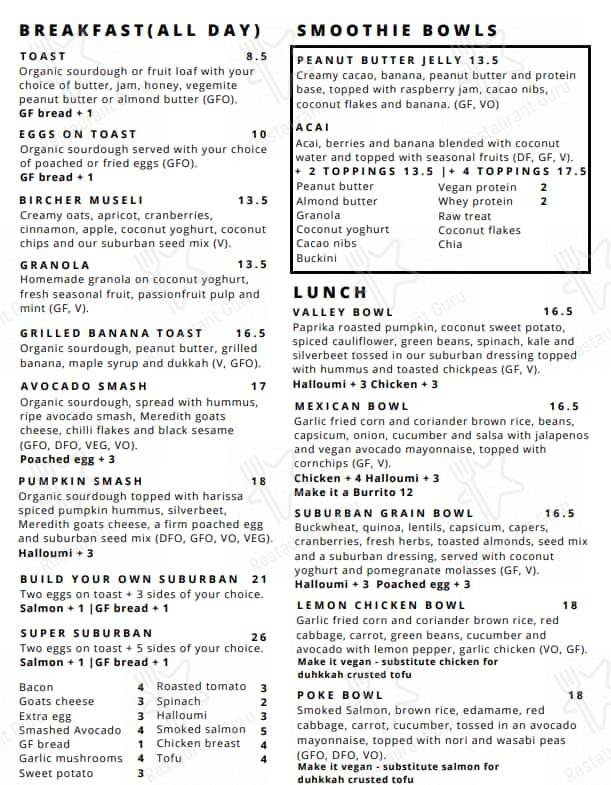 Menu at Suburban Wholefoods cafe, Kilsyth