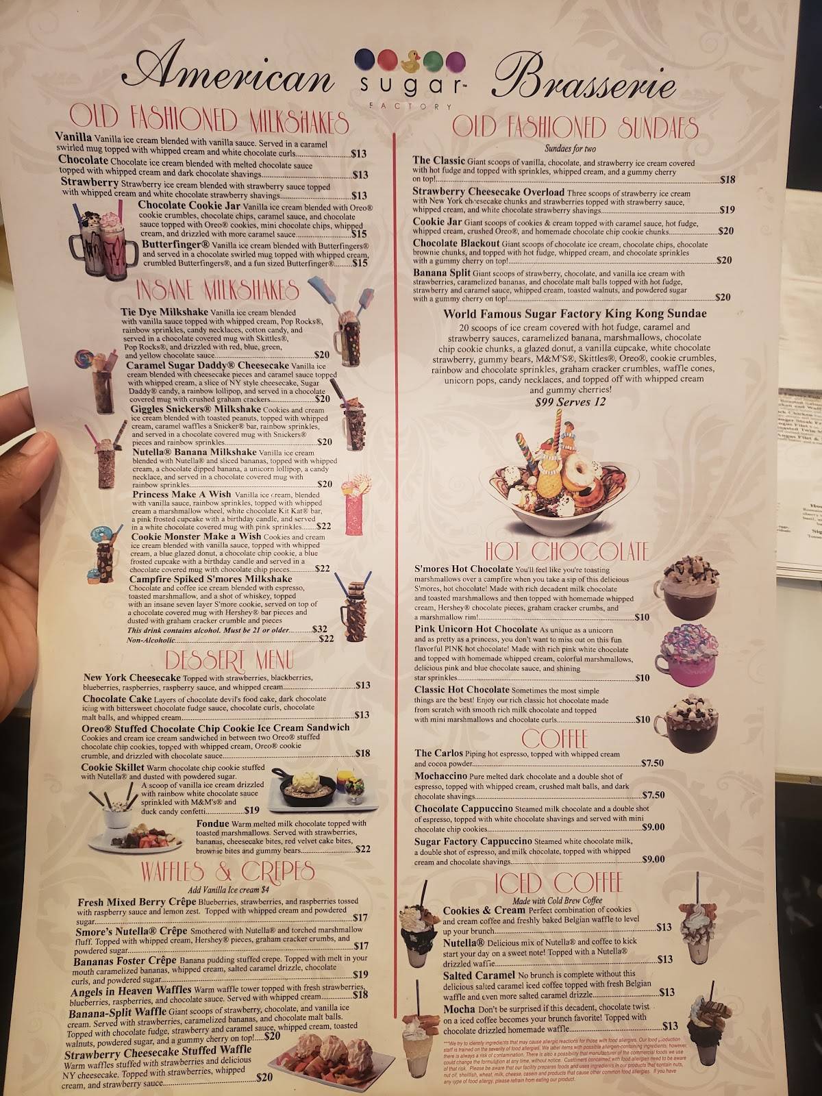 Menu at Sugar Factory - Atlantic City desserts, Atlantic City