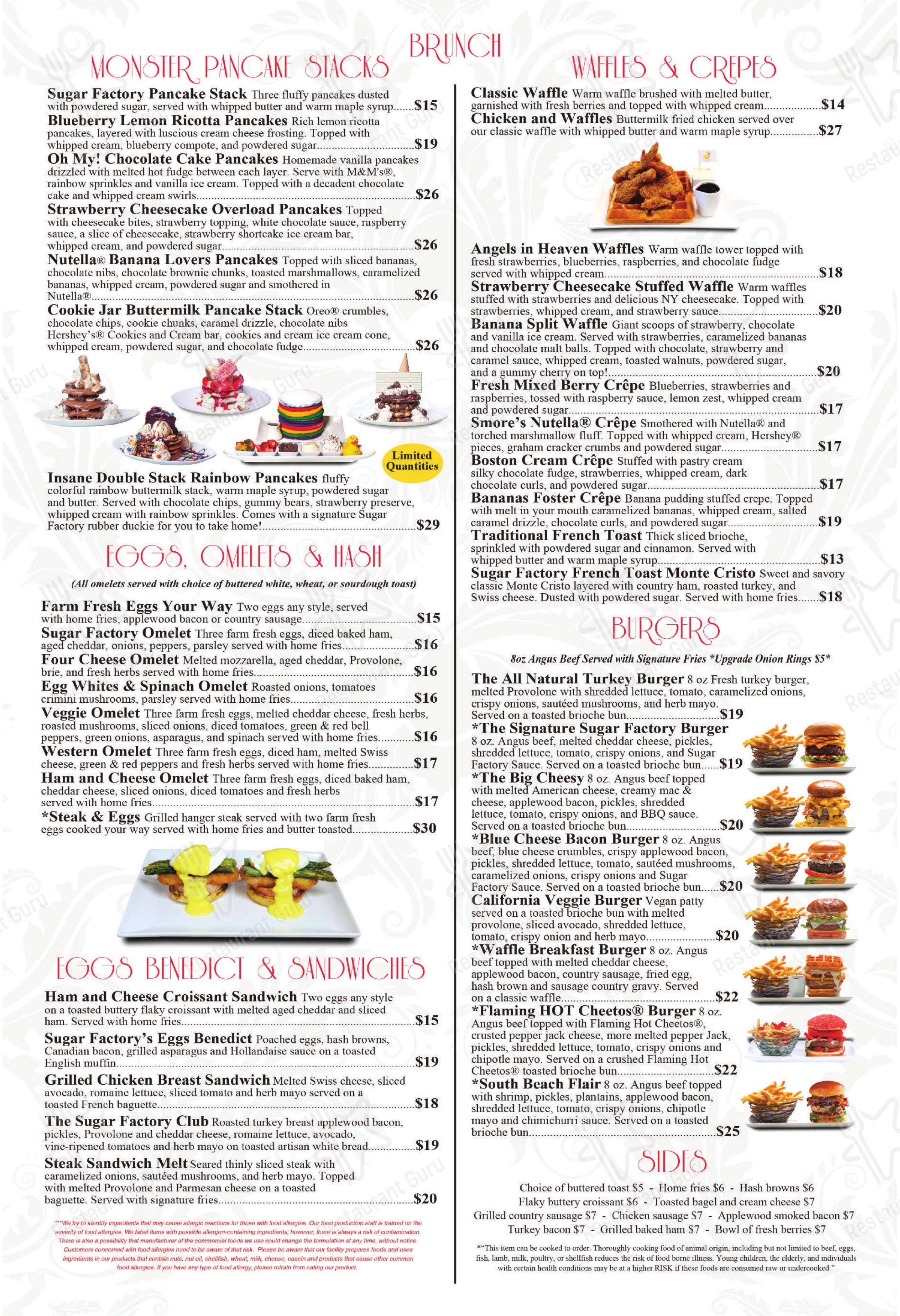 Menu at Sugar Factory - Atlantic City desserts, Atlantic City