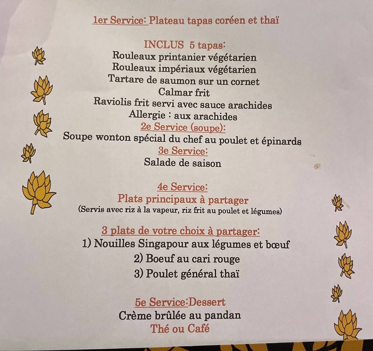 Menu at Sukho Thai Centropolis restaurant, Laval