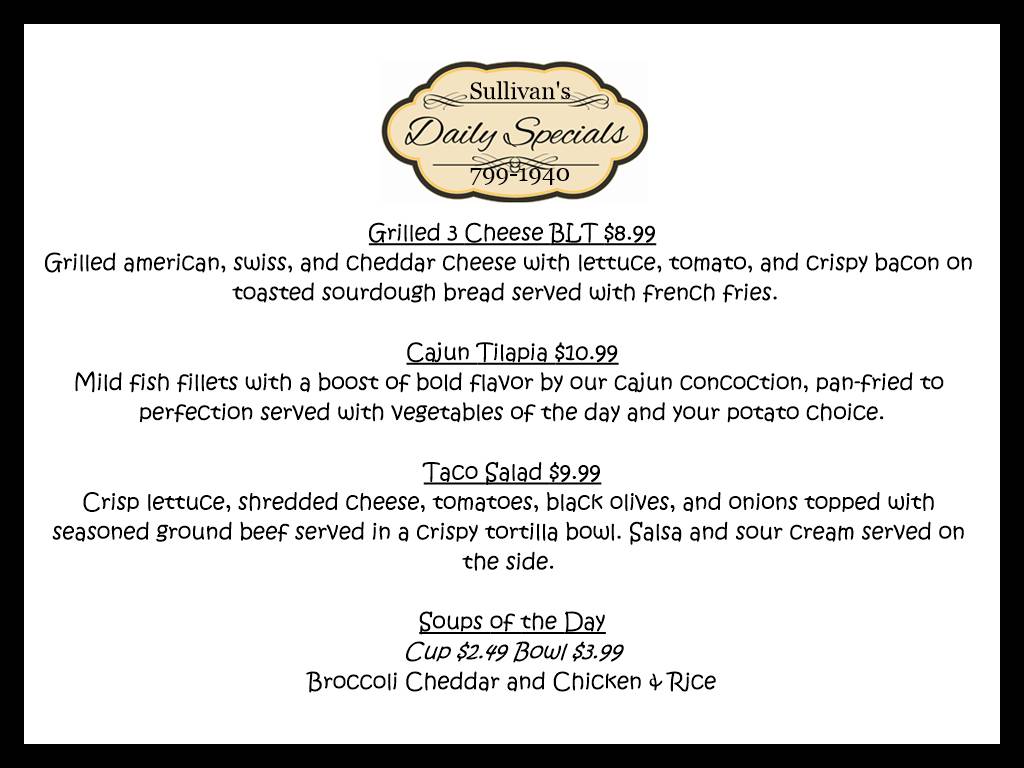 Menu at Sullivan's Food & Spirits restaurant, Saginaw