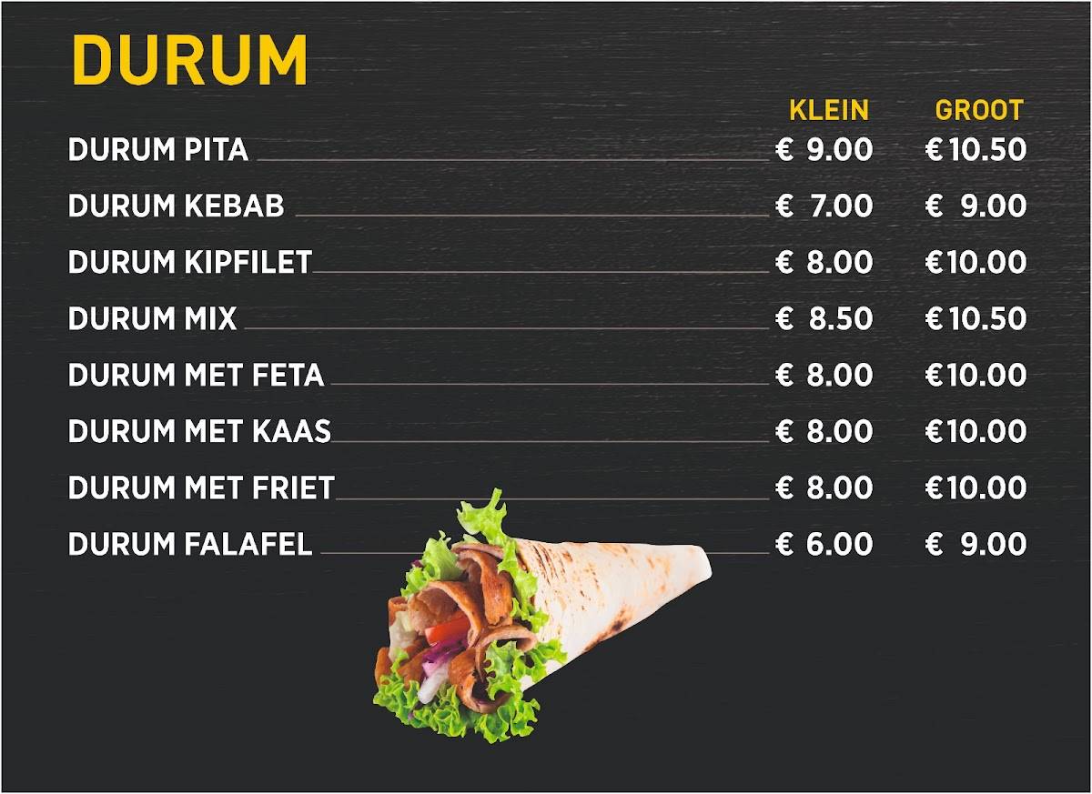 Menu at Sultan kebab, Geel