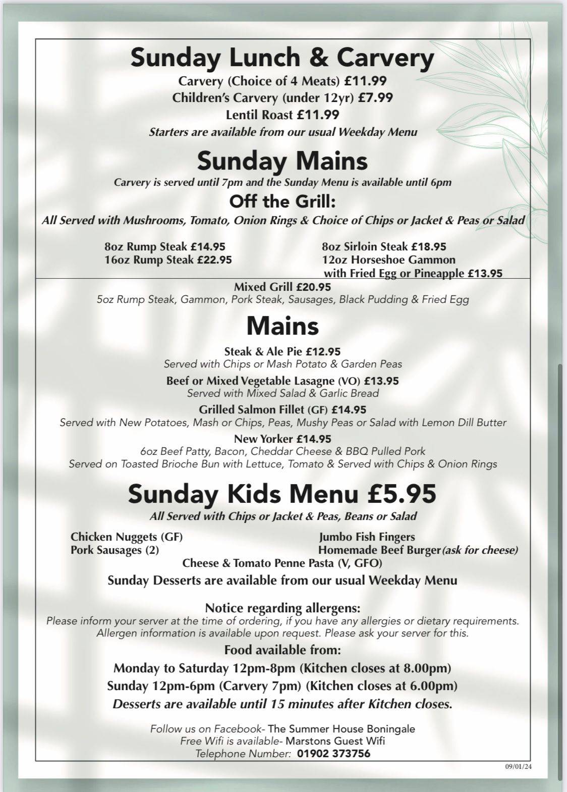 Menu at Summerhouse pub & bar, Wolverhampton