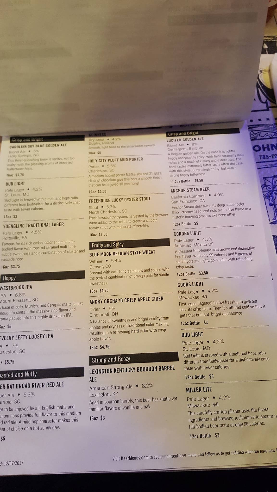 Menu at Palmetto Oyster House restaurant, Sumter