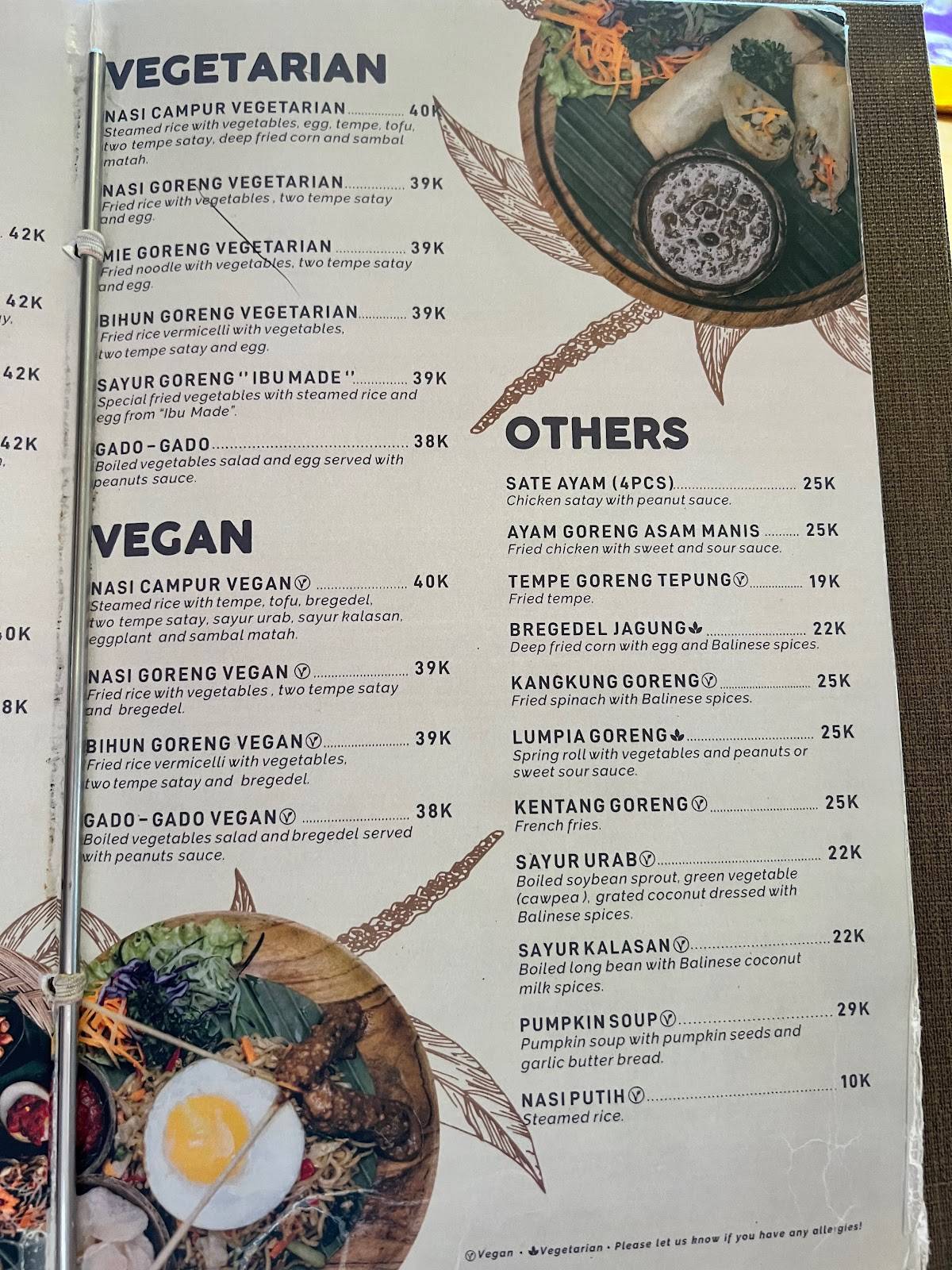 Menu at Sun Sun Warung restaurant, Ubud