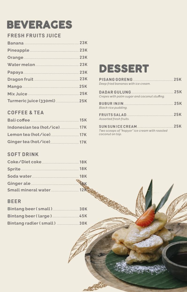 Menu at Sun Sun Warung restaurant, Ubud