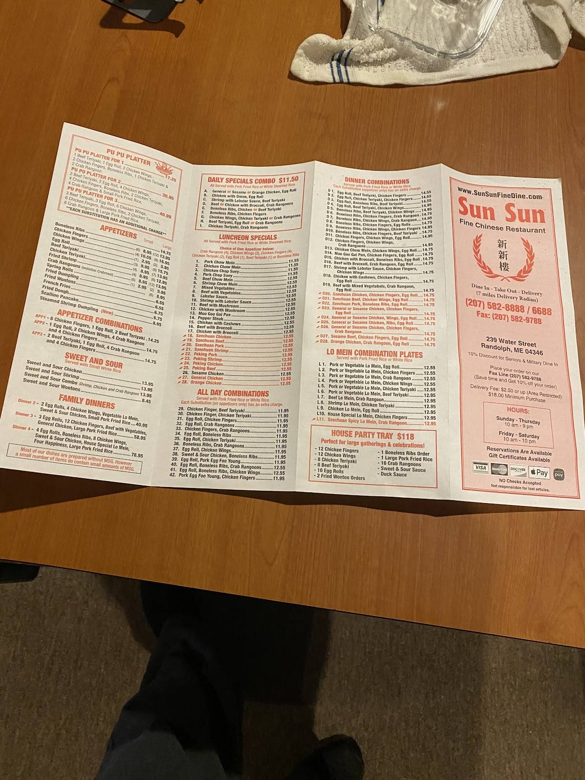 Menu at Sun Sun restaurant, Randolph