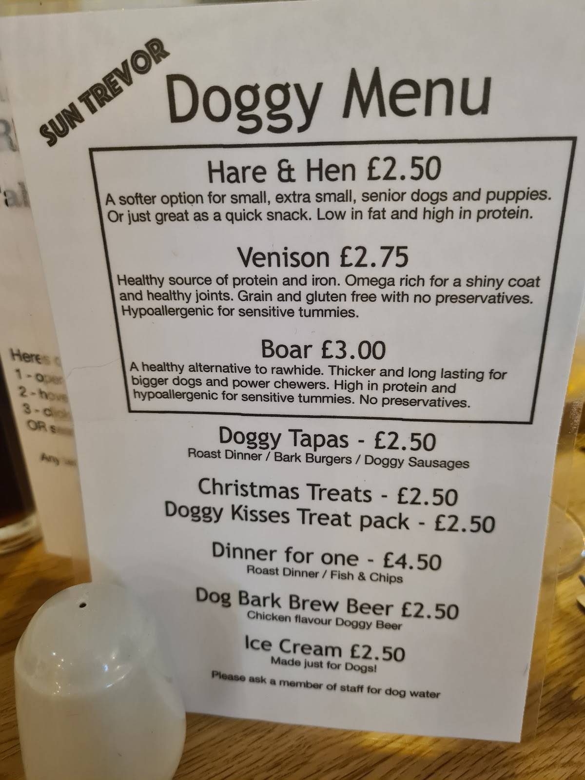 Menu at Sun Trevor pub & bar, Llangollen
