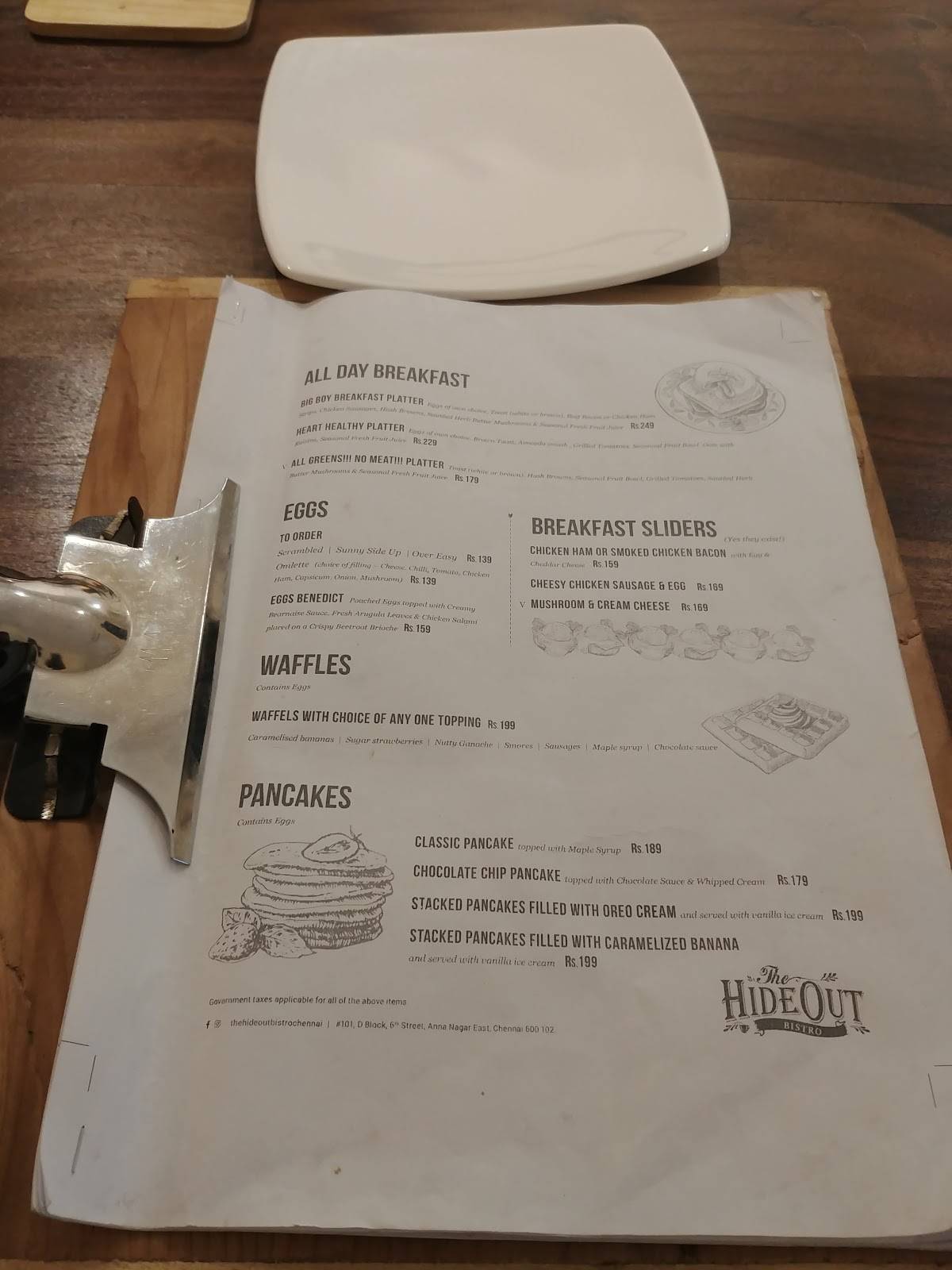 Menu at hideout bistro, Chennai