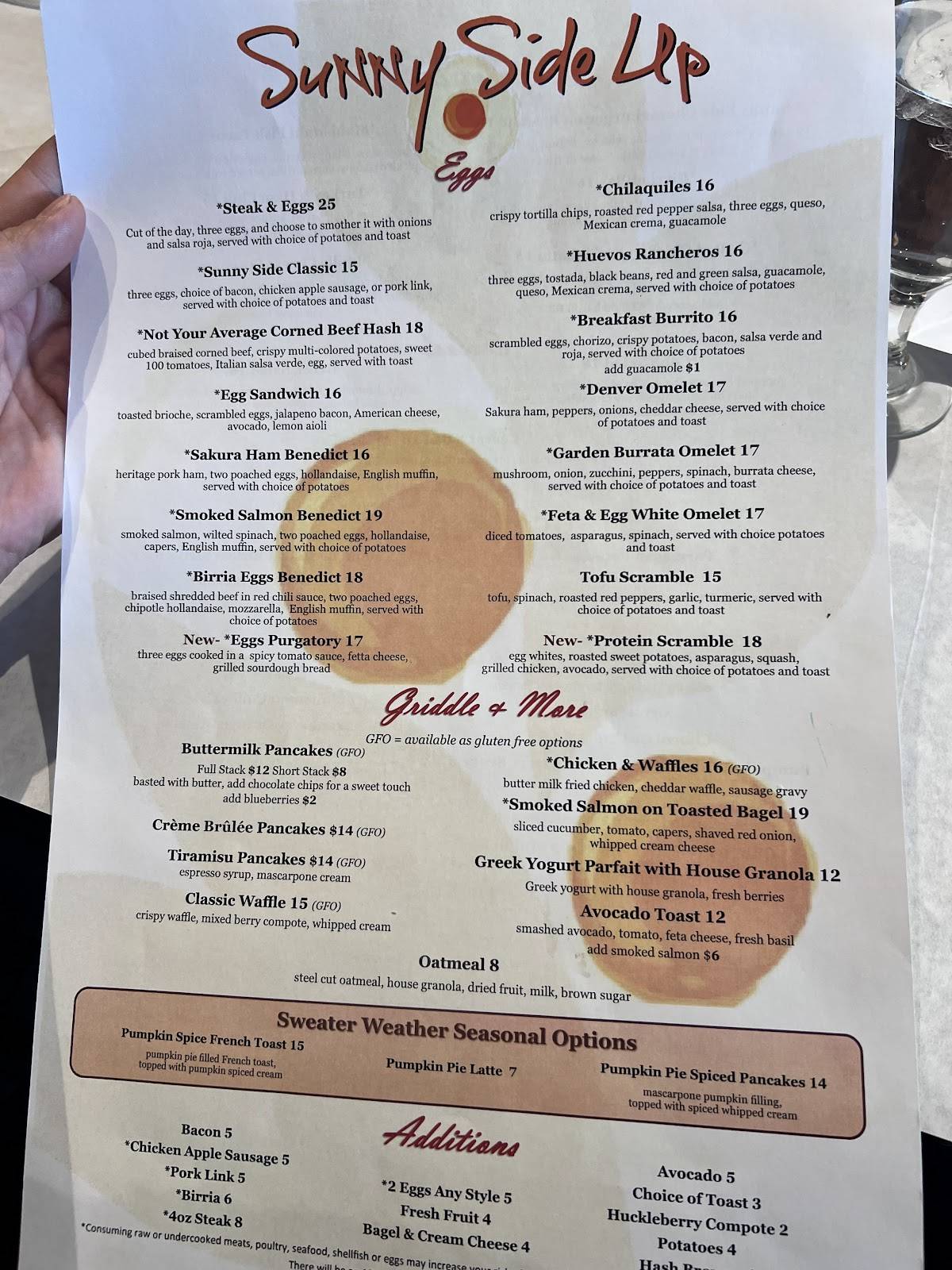 Menu at Sunny Side Up restaurant, Las Vegas, 750 S Rampart Blvd Suite 15