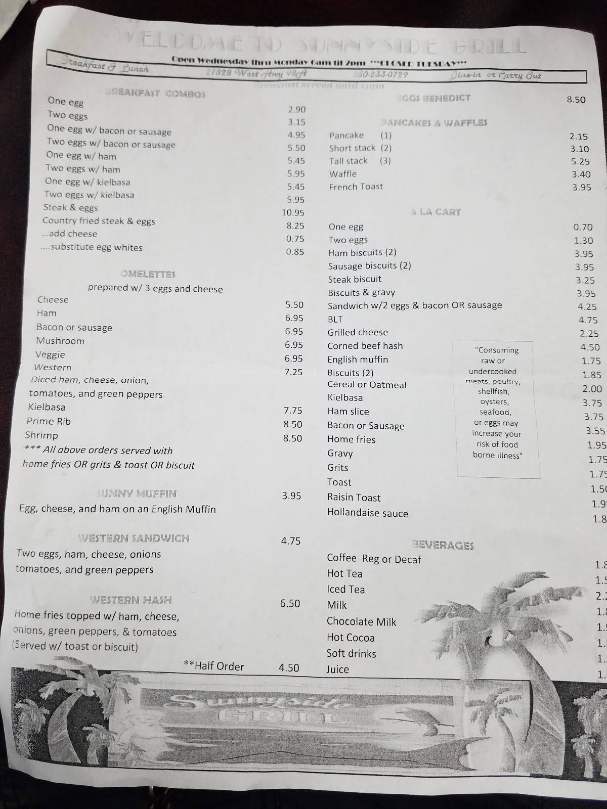 Menu at Sunnyside Grill restaurant, Panama City Beach