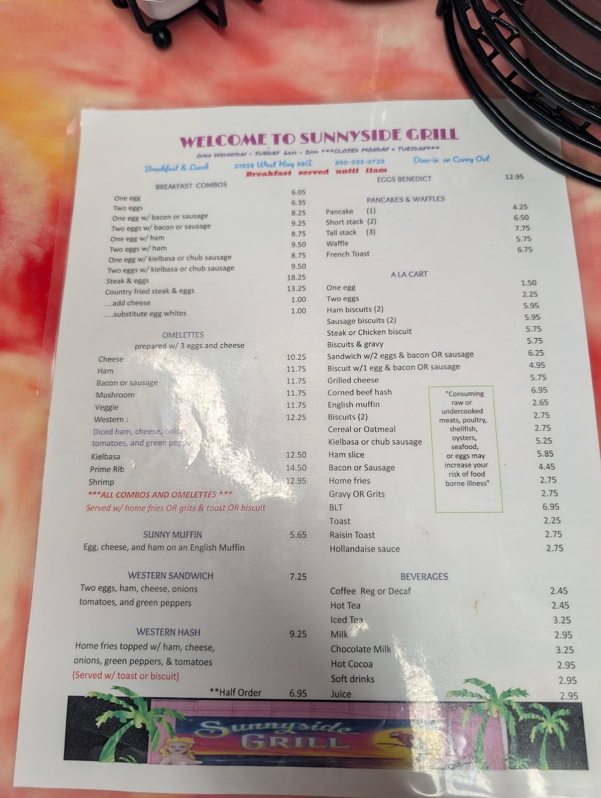 Menu at Sunnyside Grill restaurant, Panama City Beach