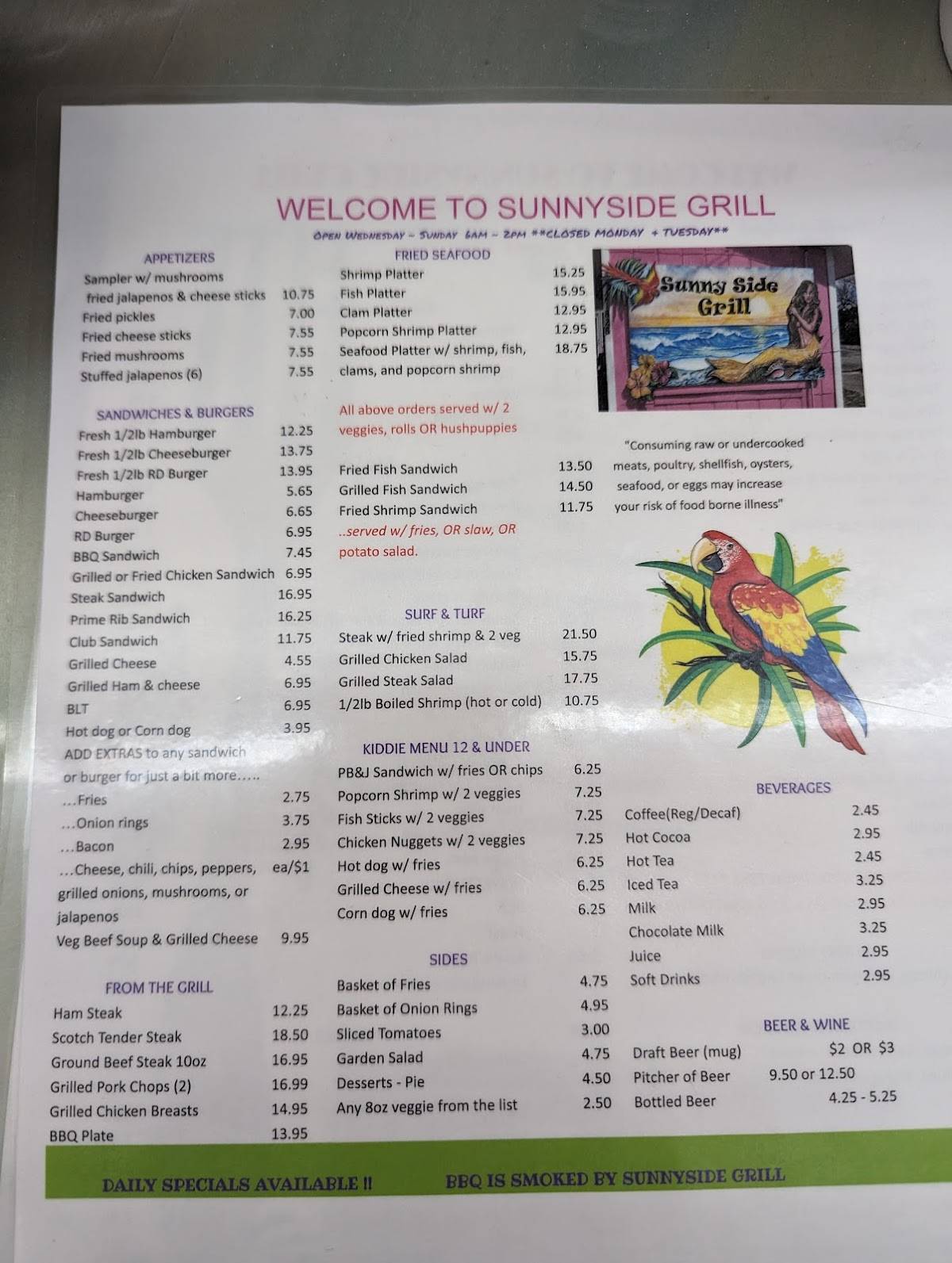 Menu at Sunnyside Grill restaurant, Panama City Beach