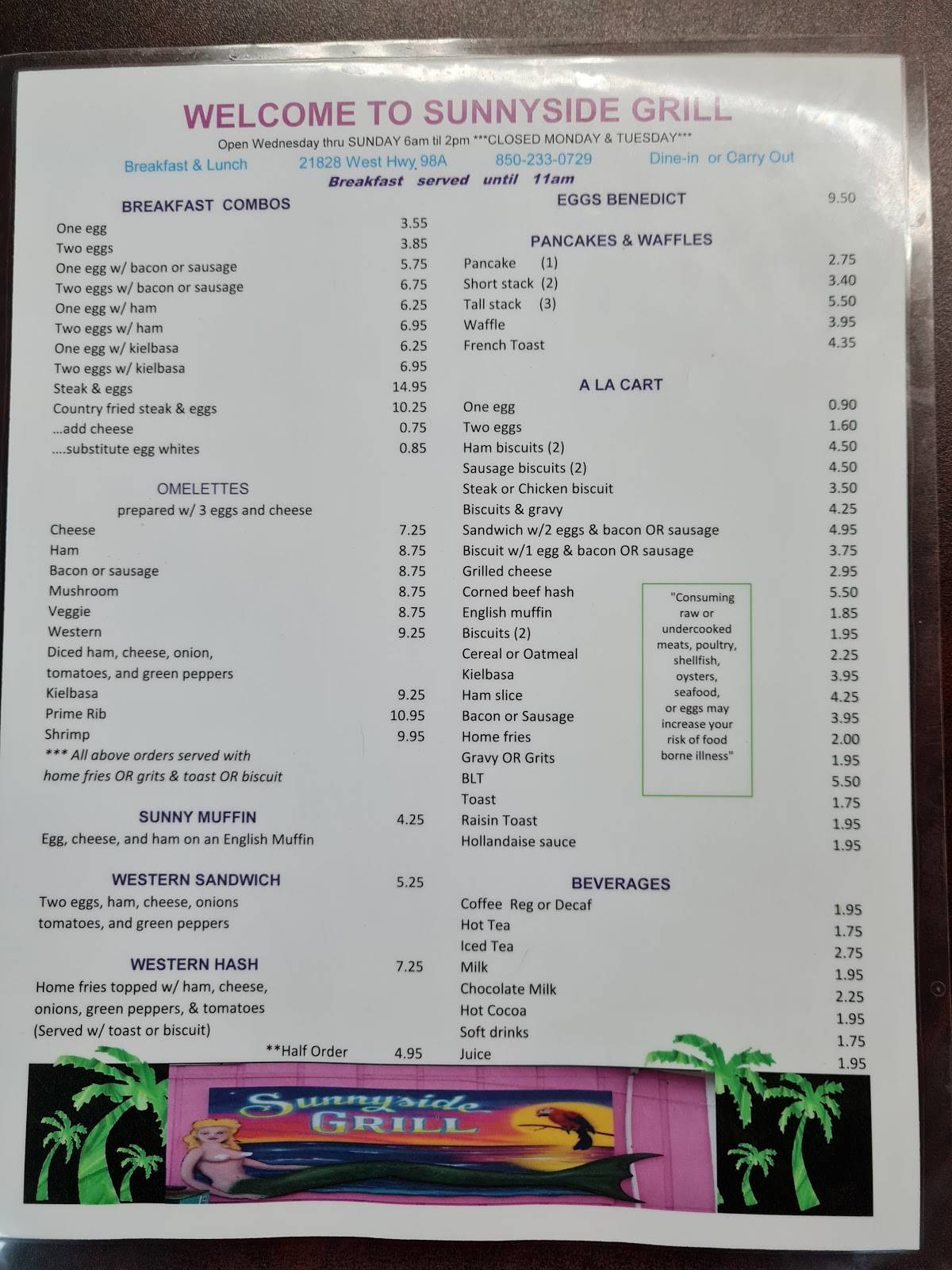 Menu at Sunnyside Grill restaurant, Panama City Beach